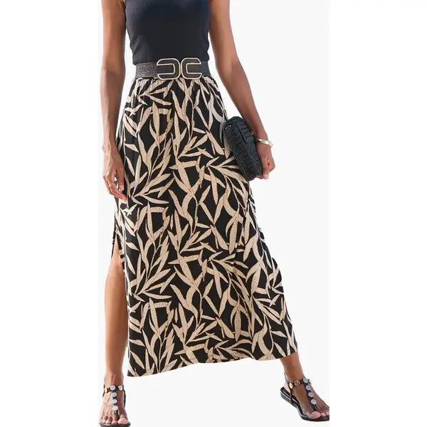 LASCANA Side Slit Maxi Skirt - Black & Taupe