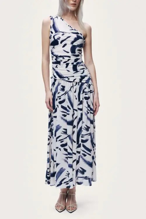 NOCTURNE Printed One-shoulder Draped Midi Dress