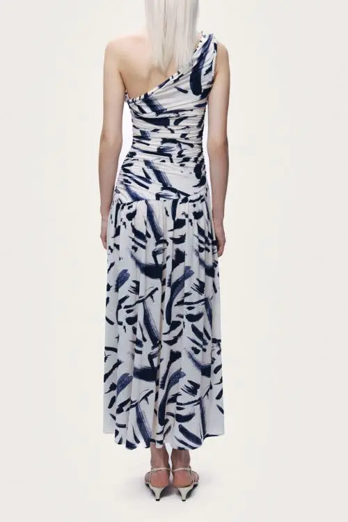 NOCTURNE Printed One-shoulder Draped Midi Dress