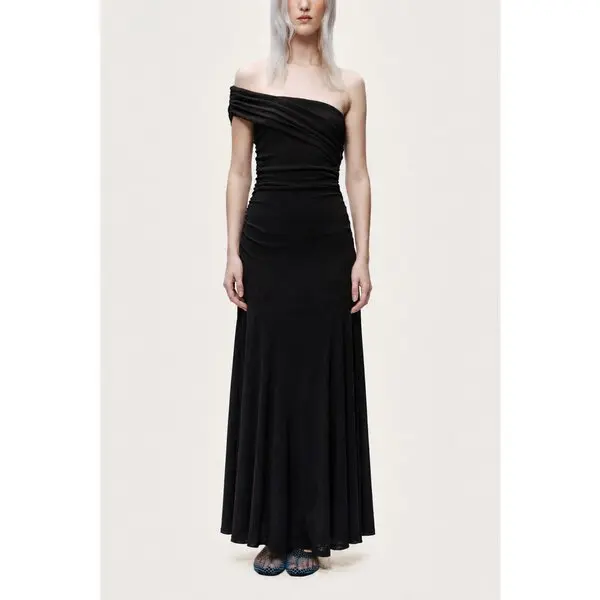 NOCTURNE Asymmetric Off-shoulder Ruched Maxi Dress - Black
