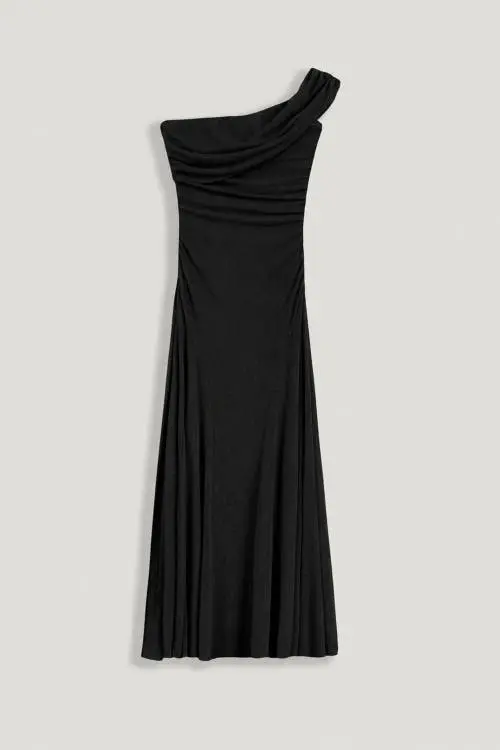 NOCTURNE Asymmetric Off-shoulder Ruched Maxi Dress - Black