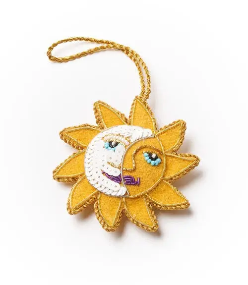 MATR BOOMIE Larissa Plush Sun Moon Felt Ornamenthand Embroidered - Yellow