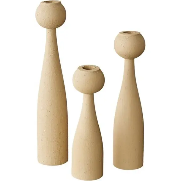 KANJU INTERIORS Globe Tapered Wood Taper Candlestick Holderset Of 3 - Desert