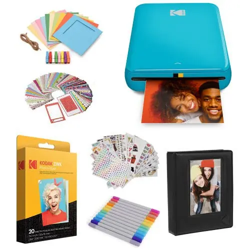 KODAK Step Instant Photo Printer Bundle With Zink Paper, Album, Frames, Markers, And Stickers - Blue