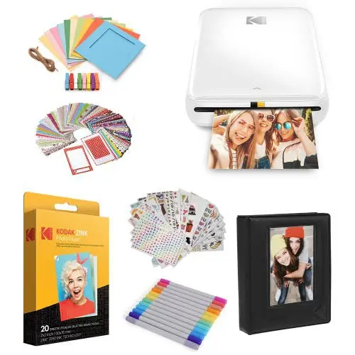 KODAK Step Instant Photo Printer Bundle With Zink Paper, Album, Frames, Markers, And Stickers - White