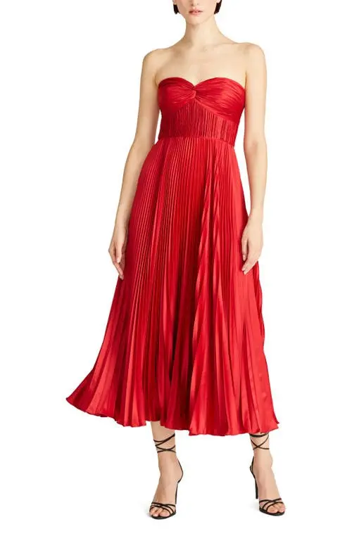 AMUR Sweetheart Neck Sleeveless Pleated Tea-length A-line Dress - Cranberry Red