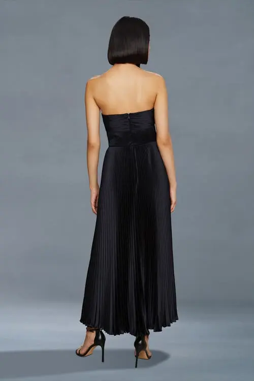 AMUR Sweetheart Neck Sleeveless Pleated Tea-length A-line Dress - Navy
