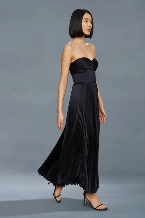AMUR Sweetheart Neck Sleeveless Pleated Tea-length A-line Dress - Navy