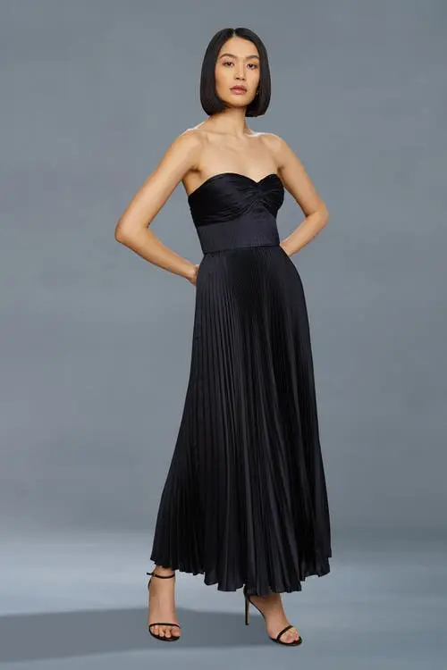 AMUR Sweetheart Neck Sleeveless Pleated Tea-length A-line Dress - Navy
