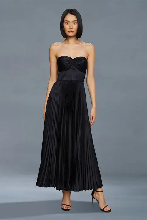 AMUR Sweetheart Neck Sleeveless Pleated Tea-length A-line Dress - Navy