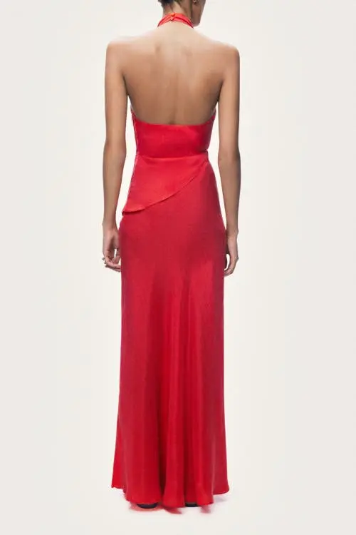 NOCTURNE Asymmetric Open-back Halter Maxi Dress