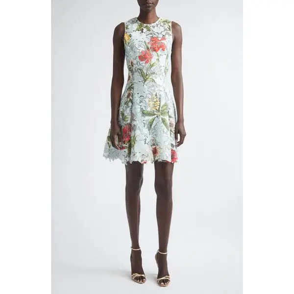 Oscar De La Renta Floral Print Guipure Lace Dress - Saltwater Multi