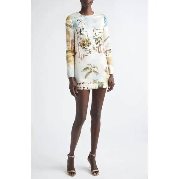 Oscar De La Renta Long Sleeve Printed Mini Dress - Blue Green Mult