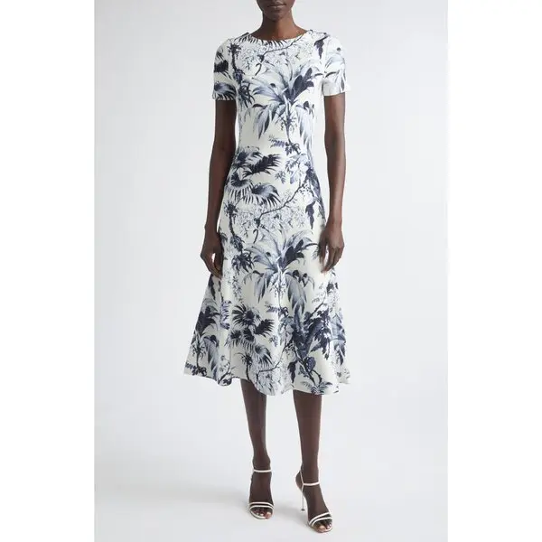 Oscar De La Renta Tonal Tropical Knit Midi Dress - Navy/ivory