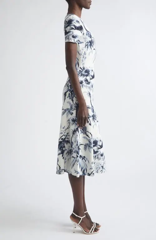 Oscar De La Renta Tonal Tropical Knit Midi Dress - Navy/ivory