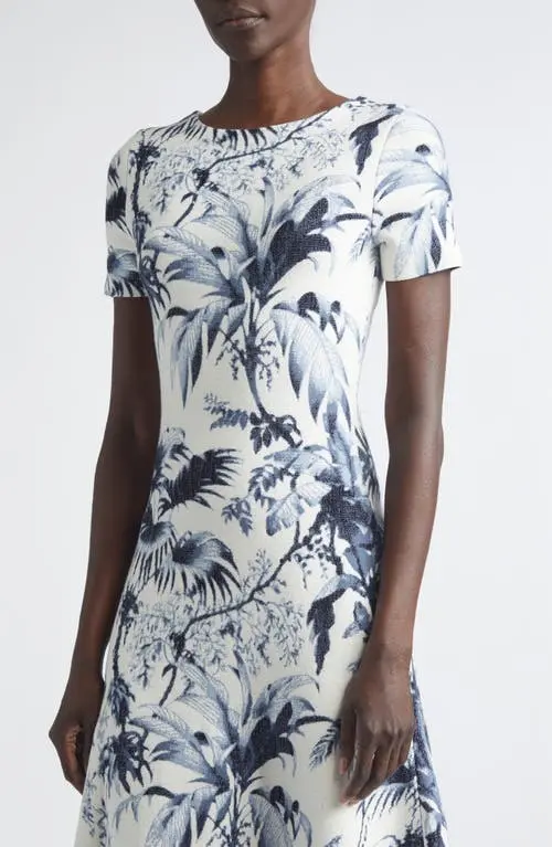 Oscar De La Renta Tonal Tropical Knit Midi Dress - Navy/ivory