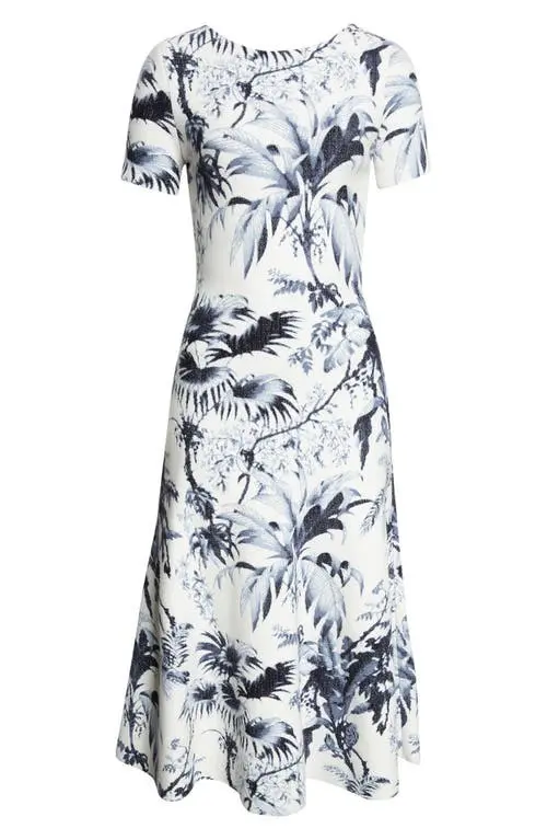 Oscar De La Renta Tonal Tropical Knit Midi Dress - Navy/ivory