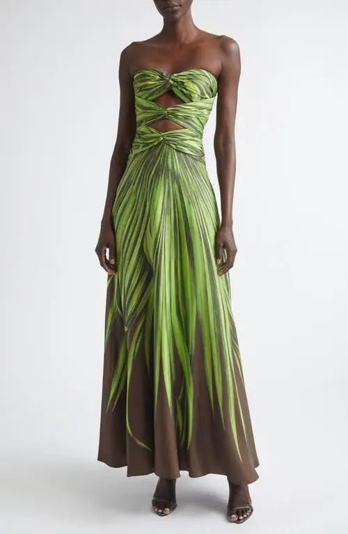 Oscar De La Renta Strapless Palm Leaves Print Silk Gown - Green/Brown