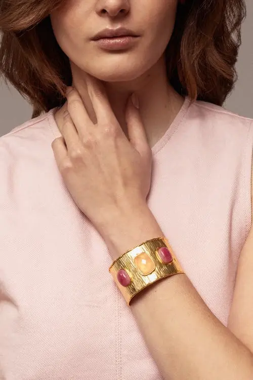 Sylvia Toledano Gold Plated Brass Cuff With Quartz And Jasper