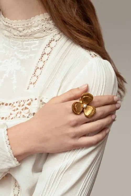 Sylvia Toledano Gold Plated Brass "lucky Flower" Ring With Pearl