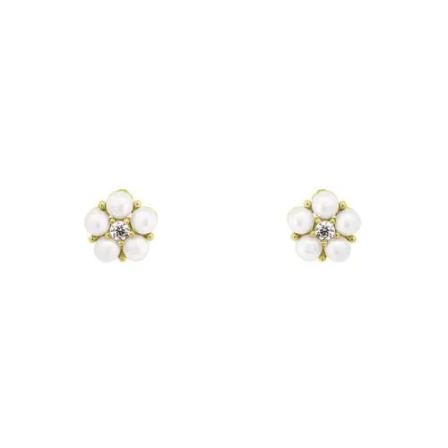 THE LOVERY FINE JEWELRY 14k Yellow Pearl And Cubic Zirconia Flower Stud Earrings