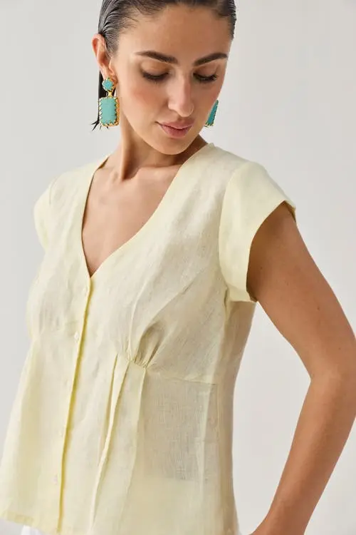 REISTOR Deep V-neck Cap Sleeve Linen Top