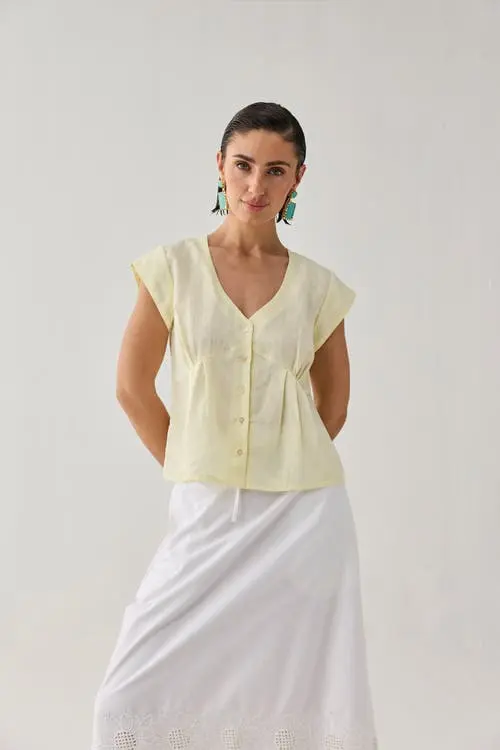 REISTOR Deep V-neck Cap Sleeve Linen Top