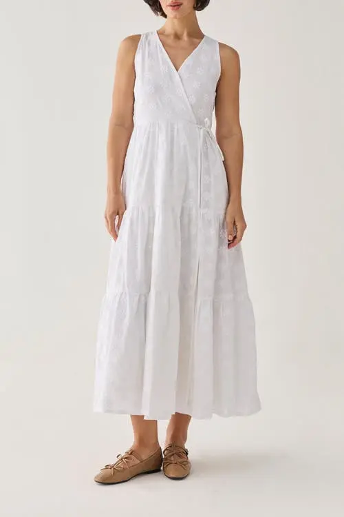 REISTOR Embroidered Tiered Wrap Maxi Dress - Embroidered Cotton White