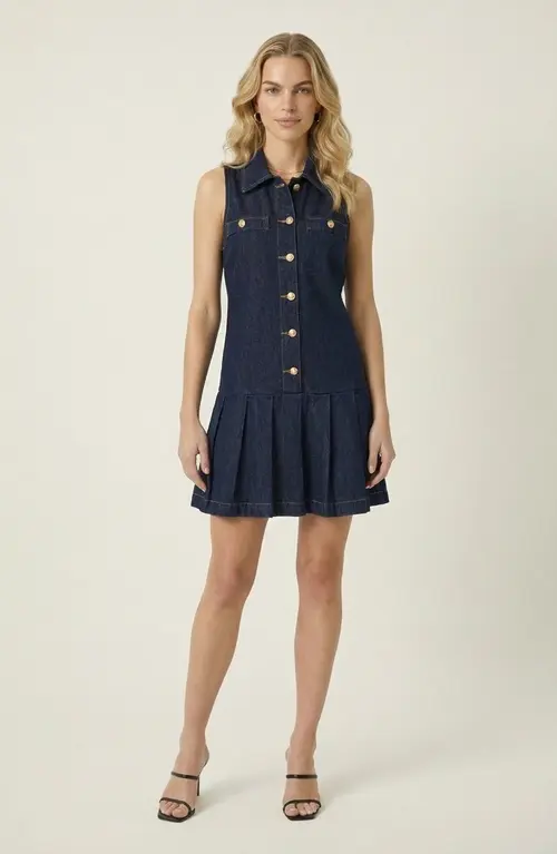 MODENAIRE Sleeveless Denim Mini Dress With Pleated Hem - Navy Blue