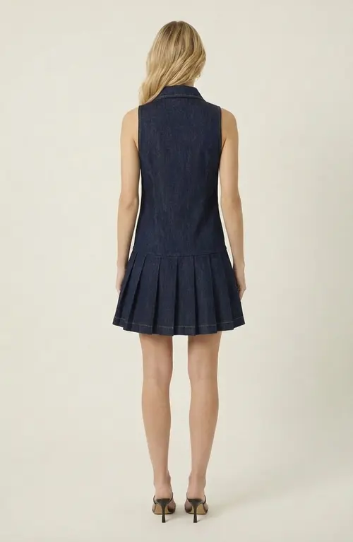 MODENAIRE Sleeveless Denim Mini Dress With Pleated Hem