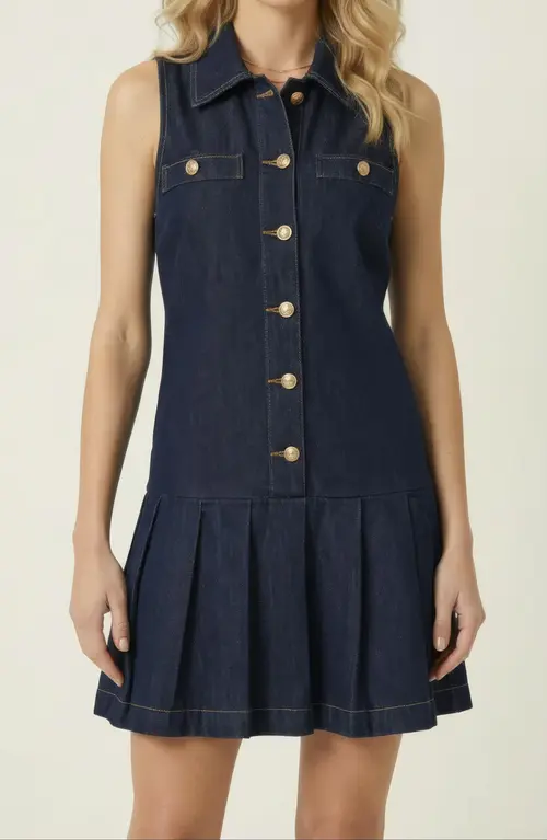 MODENAIRE Sleeveless Denim Mini Dress With Pleated Hem