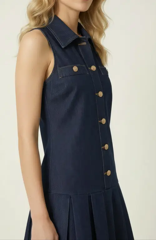 MODENAIRE Sleeveless Denim Mini Dress With Pleated Hem