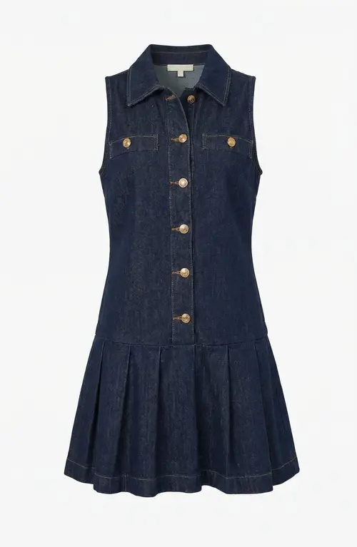 MODENAIRE Sleeveless Denim Mini Dress With Pleated Hem