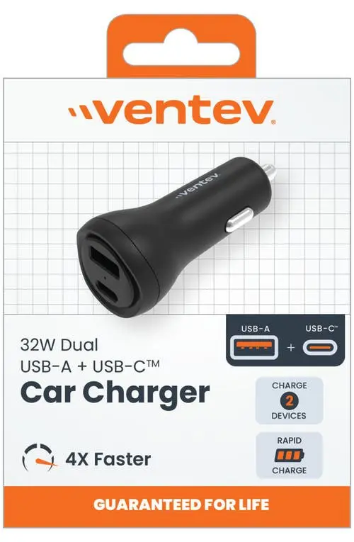 VENTEV 32w Ultrafast Usb-c And Usb-a Universal Dual Car Charger