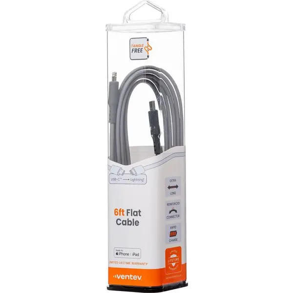 VENTEV Flat Usb-c To Apple Lightning High Speed Tangle-free 6 Foot Cable - Gray