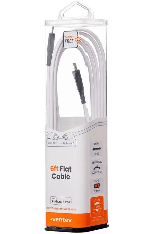 VENTEV Flat Usb-c To Apple Lightning High Speed Tangle-free 6 Foot Cable - White