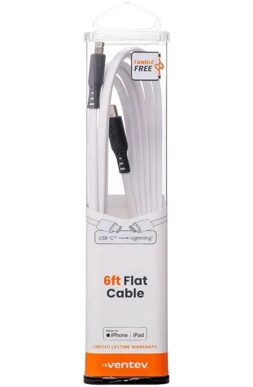 VENTEV Flat Usb-c To Apple Lightning High Speed Tangle-free 6 Foot Cable - White