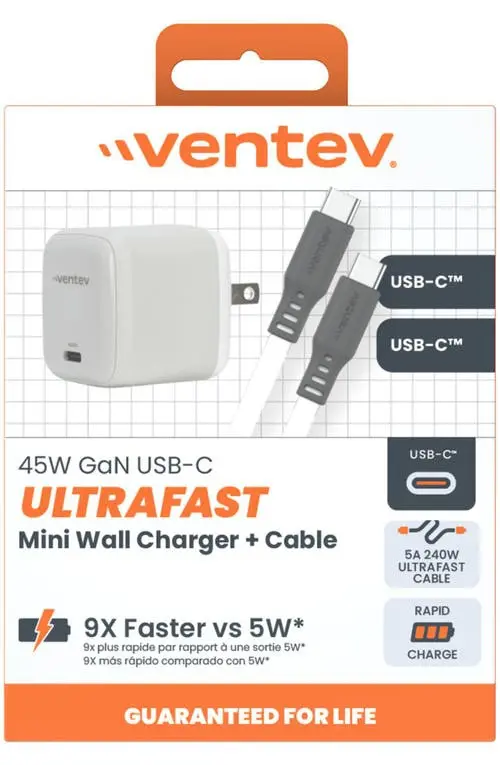 VENTEV 45w Ultrafast Usb-c Universal Gan Mini Wall Charger And 240w Usb-c To Usb-c Cable