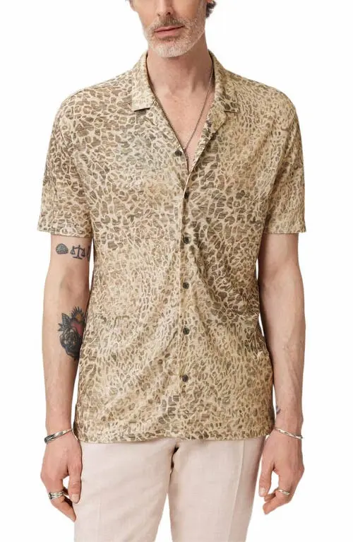 John Varvatos Castoro Leopard Pattern Knit Camp Shirt - Light Khaki