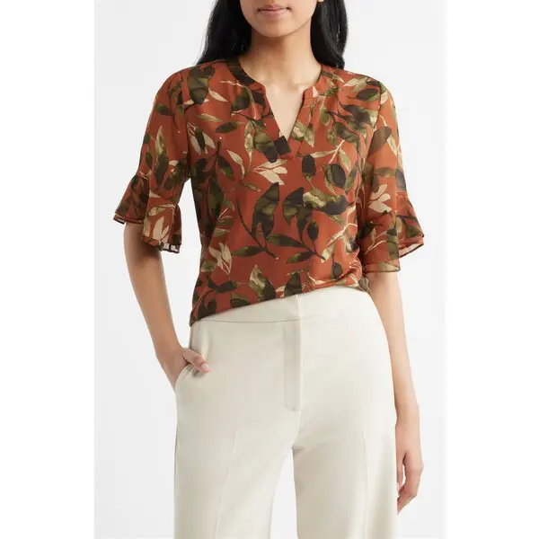 Anne Klein Leaf Print Ruffle Sleeve Shirt