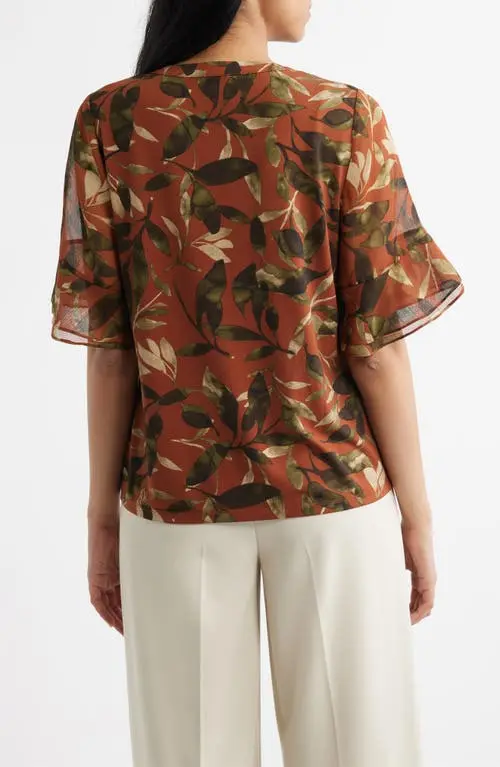 Anne Klein Leaf Print Ruffle Sleeve Shirt
