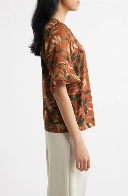 Anne Klein Leaf Print Ruffle Sleeve Shirt
