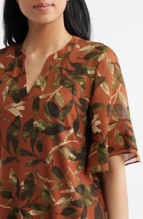 Anne Klein Leaf Print Ruffle Sleeve Shirt