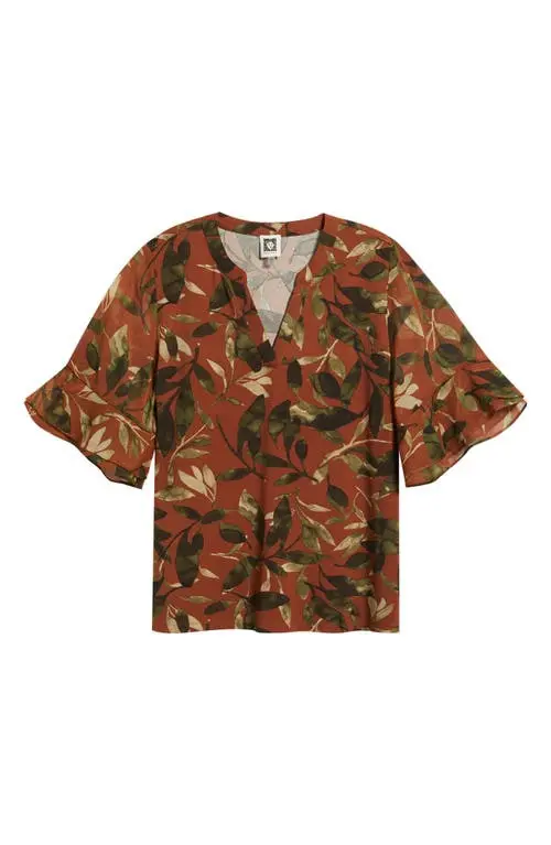 Anne Klein Leaf Print Ruffle Sleeve Shirt