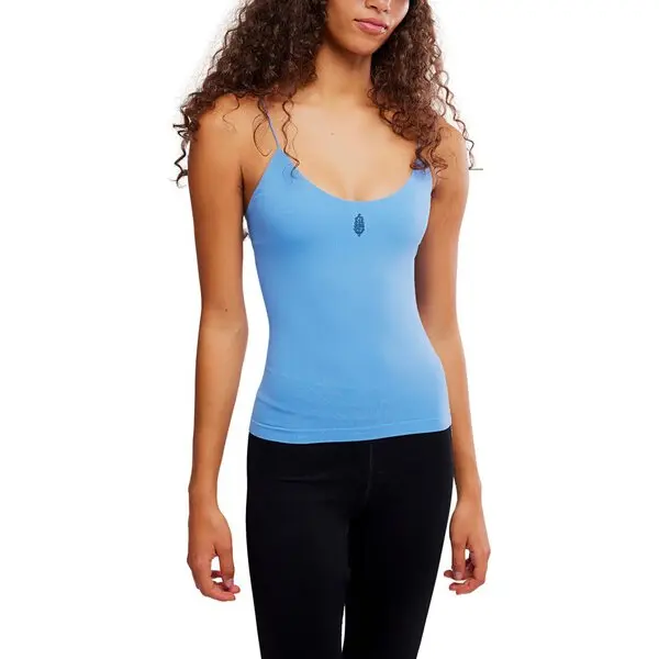 Free People Skinny Strap Logo Tank - Riviera Blue