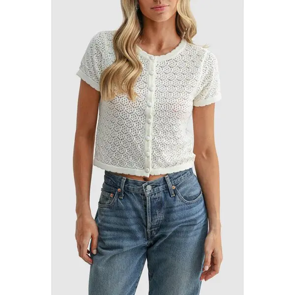 ALL IN FAVOR Pointelle Knit Scalloped Button-up Shirt