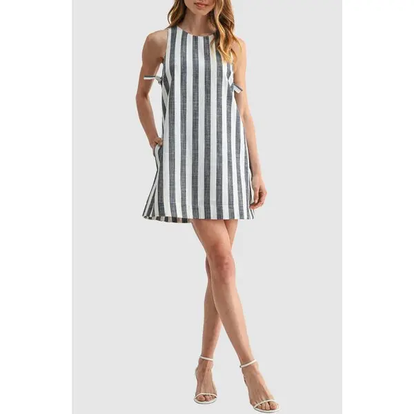 ALL IN FAVOR Striped Mini Dress With Side Ties - Ivory Navy
