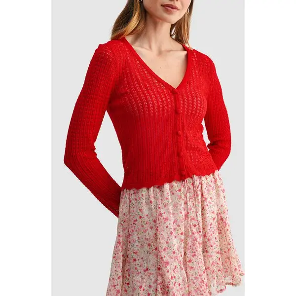 ALL IN FAVOR V-neck Cropped Cardigan With Scalloped Hem