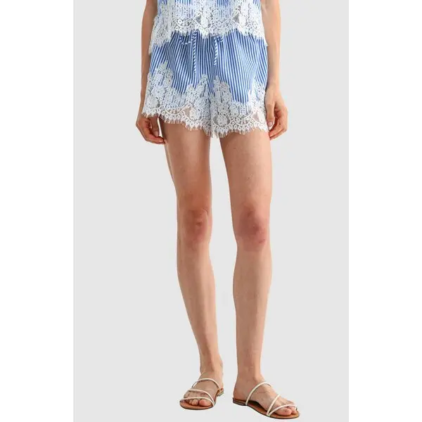 ALL IN FAVOR Striped Lace Hem Shorts - Blue Stripe