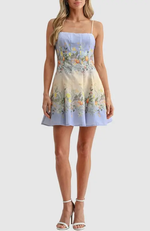ALL IN FAVOR Pleated Square Neck Fit & Flare Dress - Blue Print